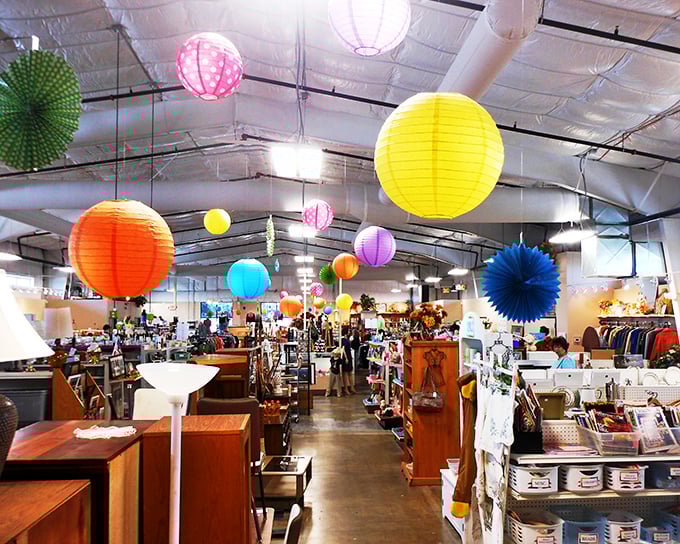 The bright red exterior of The Thrift Store stands out like a beacon of bargain-hunting hope on Campbell Street. Treasure awaits inside!