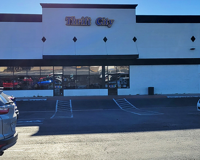 Another angle of Thrift City's storefront, where treasure hunting adventures begin for thrifters from across Texas.