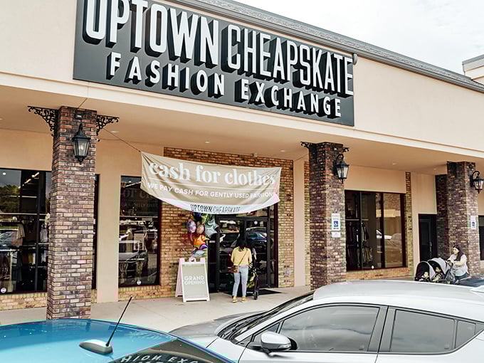 The storefront promises "Cash for Clothes" beneath stylish brick columns &ndash; like a fashion bank where your outdated wardrobe becomes tomorrow's spending money.