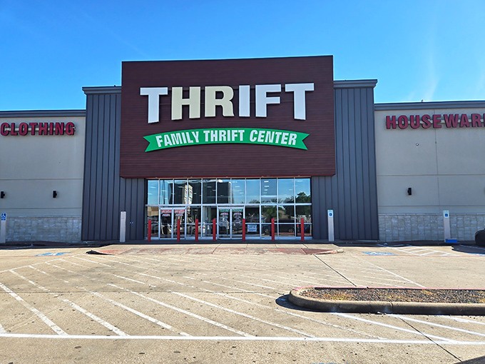 The unmistakable red and gray facade of Family Thrift Center beckons bargain hunters like a retail lighthouse on Bellaire Boulevard.
