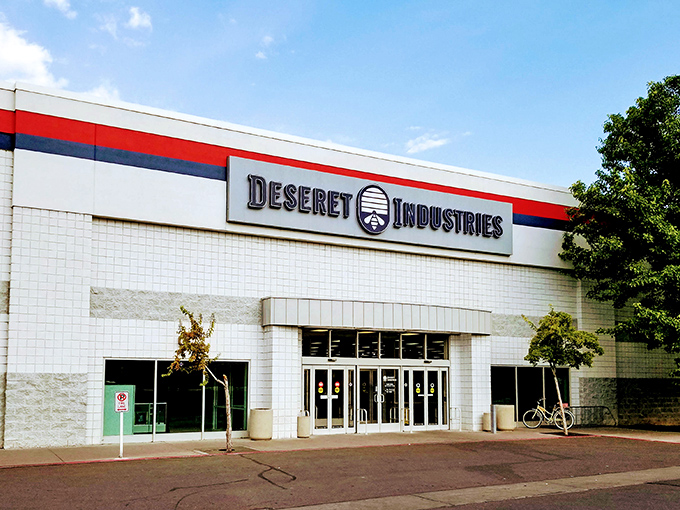 Parking lot packed with cars&mdash;the universal sign of "good deals inside" that thrift store aficionados recognize instantly.
