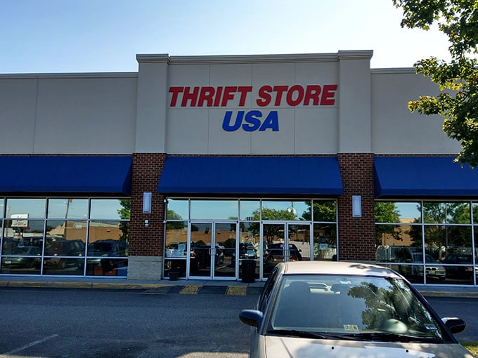 Another angle of the Norfolk thrifting paradise, where blue awnings frame the entrance to a world of secondhand wonders.