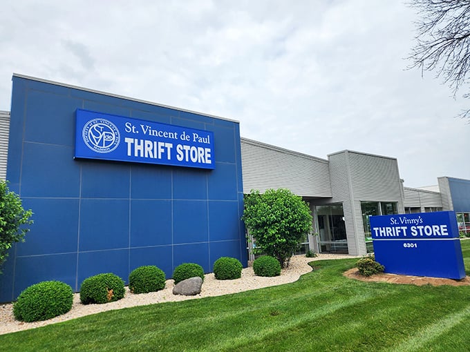 The bright blue facade of St. Vinny's stands like a beacon of bargain-hunting hope on Odana Road, promising treasures within its unassuming walls.