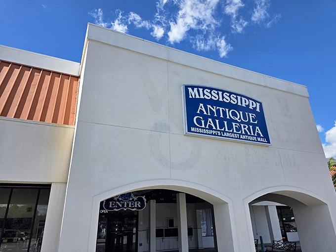 The unassuming facade of Mississippi Antique Galleria belies the wonderland of vintage treasures waiting inside. Like a time-travel portal disguised as a strip mall storefront.