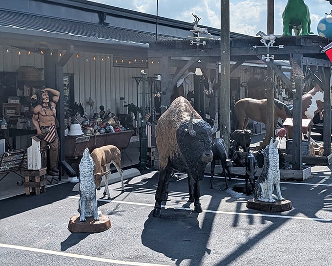 Where the Wild West meets Midwest! Pickers Antiques' outdoor display features an impressive menagerie of animal sculptures that would make Teddy Roosevelt do a double-take.
