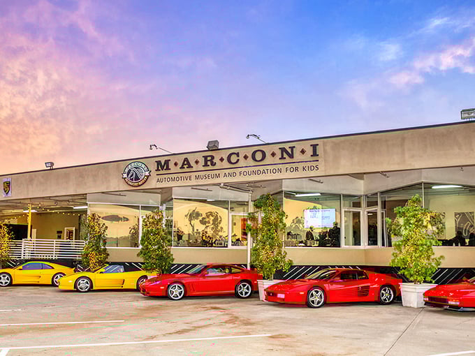 The sunset glow behind the Marconi Museum feels like nature's way of highlighting these Italian masterpieces. Ferrari red never looked so good against a California sky.