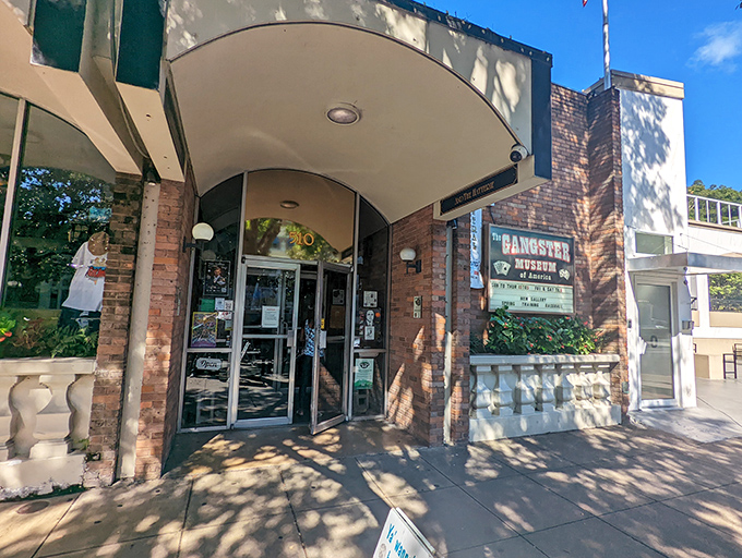 The Gangster Museum of America welcomes visitors with vintage brick and a marquee that screams "the good old bad days."