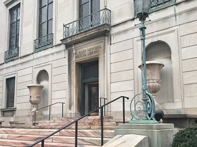 The Allen Memorial Medical Library's elegant facade houses medical mysteries within. Like a neoclassical invitation to explore humanity's quest for healing.