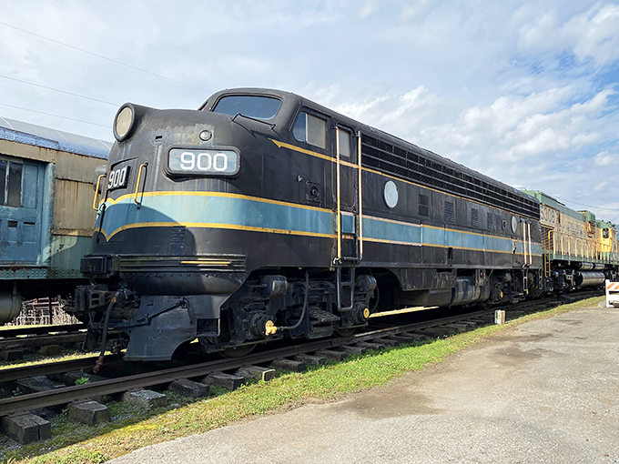 The sleek black and blue locomotive #900 stands like a sleeping giant, ready to tell tales of Pennsylvania's industrial past.