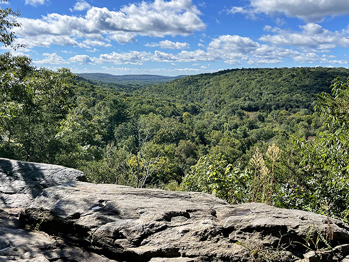 The overlook at Devil's Hopyard offers a breathtaking panorama of Connecticut's rolling hills.