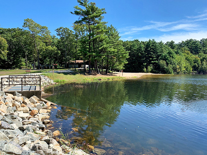 The swimming area beckons with its gentle shoreline—proof that Massachusetts can deliver beach vibes without the Cape Cod traffic.