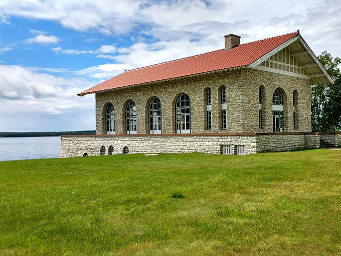 Chester Thordarson's magnificent boathouse stands like a European castle that somehow washed ashore on this remote Wisconsin island.