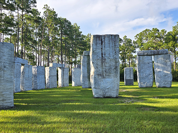 Stonehenge meets Sweet Home Alabama in this surreal fiberglass replica. The massive white monoliths create a striking contrast against the emerald grass and towering pines.