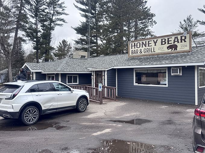 The blue-sided Honey Bear Bar & Grill stands proudly among towering pines, a Northwoods sanctuary where hungry travelers find refuge from fancy food pretensions.