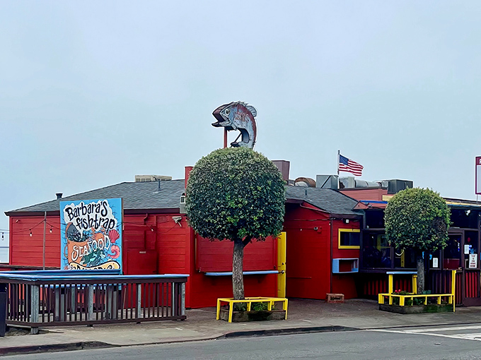 That jumping fish sculpture knows what's waiting inside &ndash; the kind of seafood that makes architectural statements seem totally reasonable.