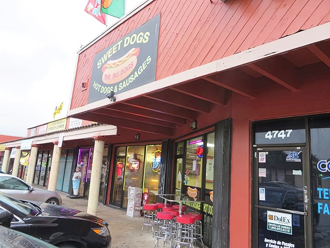 Sweet Dogs' second location sports a vibrant red exterior that says, "Yes, we're serious about hot dogs" without having to say a word.