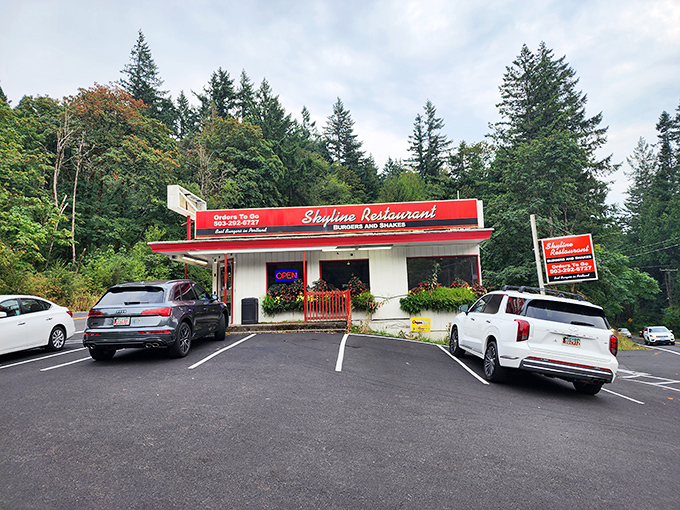 The kind of place where red trim means business and "Burgers and Shakes" means happiness.