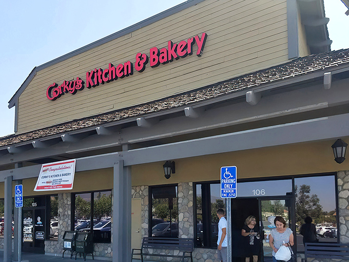 The unassuming exterior of Corky's Kitchen & Bakery hides culinary treasures within, like finding a diamond in your breakfast burrito.