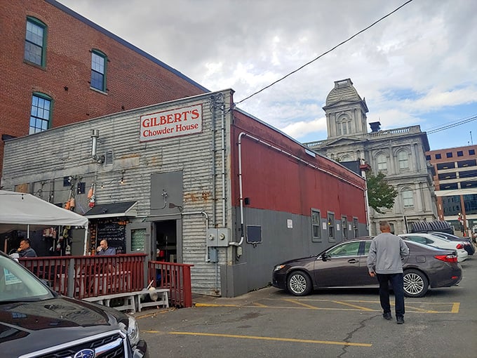 The iconic weathered exterior of Gilbert's Chowder House, where Portland's seafood magic happens in an unassuming waterfront building.