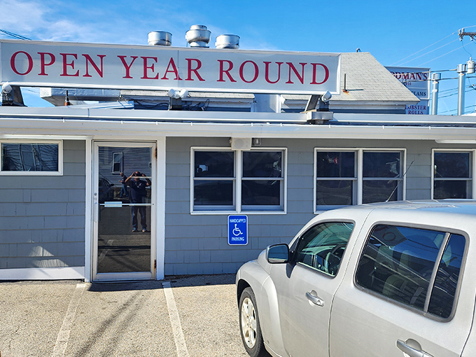 The "OPEN YEAR ROUND" sign isn't just a statement&mdash;it's a promise that seafood nirvana awaits no matter when the craving strikes.