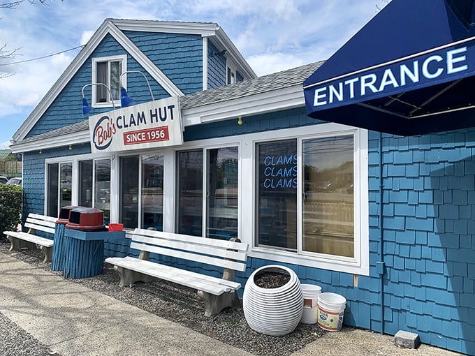 The iconic blue shack that launched a thousand seafood pilgrimages. Bob's Clam Hut stands proudly against the Maine sky, a beacon of fried perfection since 1956.
