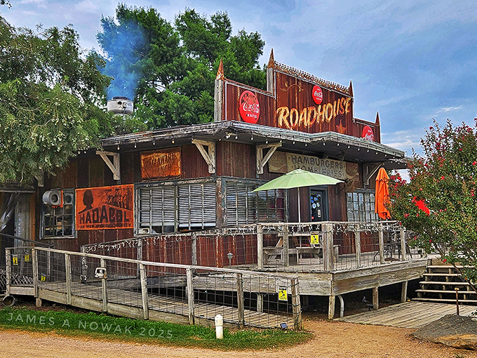 Like a time capsule of authentic Texas dining, Roadhouse's corrugated metal exterior and wooden deck create the perfect backdrop for burger perfection.