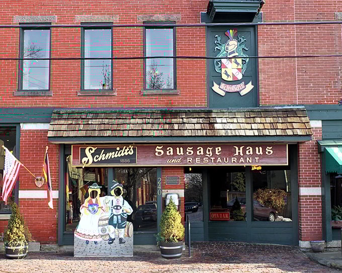 The brick facade of Schmidthaus Restaurant stands proudly in Columbus Grove, complete with wooden shingle awning and charming German cutout figures welcoming hungry visitors. 