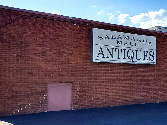 The unassuming brick exterior of Salamanca Mall Antiques&mdash;proof that treasure-hunting paradises don't need flashy facades to house decades of memories inside.