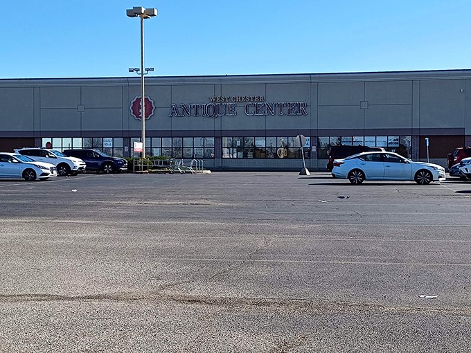 The unassuming exterior of West Chester Antique Center &ndash; where treasures hide behind a humble storefront like the best plot twist in a vintage mystery novel.