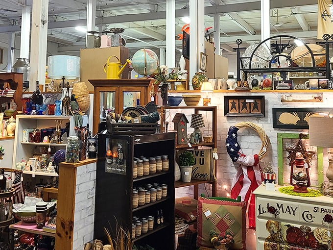 Inside Stillwater Antique Center, endless aisles of vintage treasures await, inviting every treasure hunter to discover timeless finds within the historic stone building.