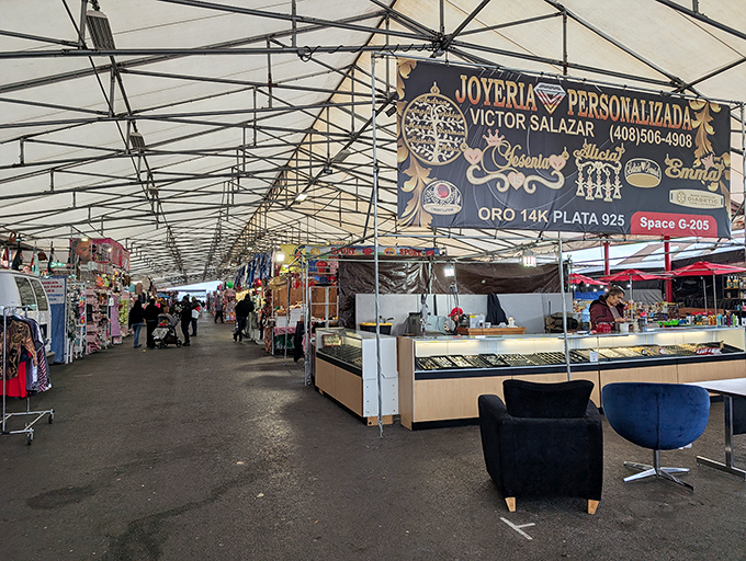 Personalized jewelry gleams under the covered market section, where custom pieces tell stories and commemorate life's special moments.