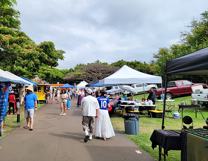 Rows of colorful tents stretch toward the horizon, where the West Maui Mountains stand guard over this treasure hunter's paradise.