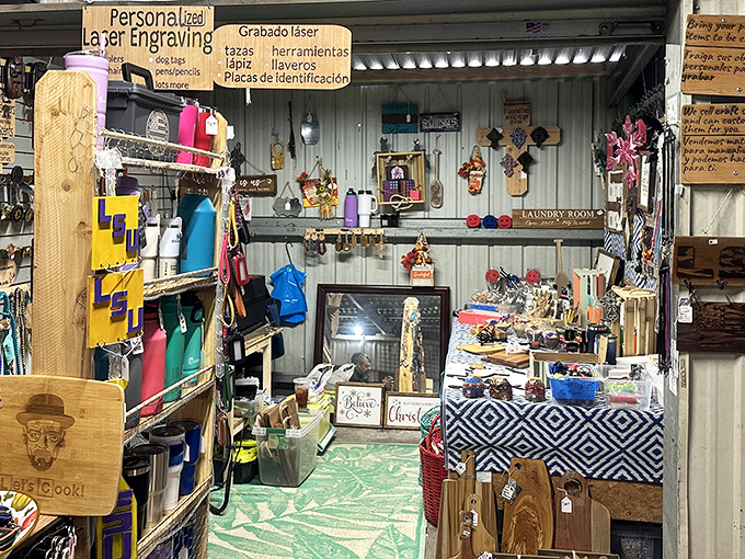 Welcome to treasure hunter paradise! The covered walkways of the Flea Market of Louisiana protect both shoppers and colorful merchandise from Louisiana's famously fickle weather.