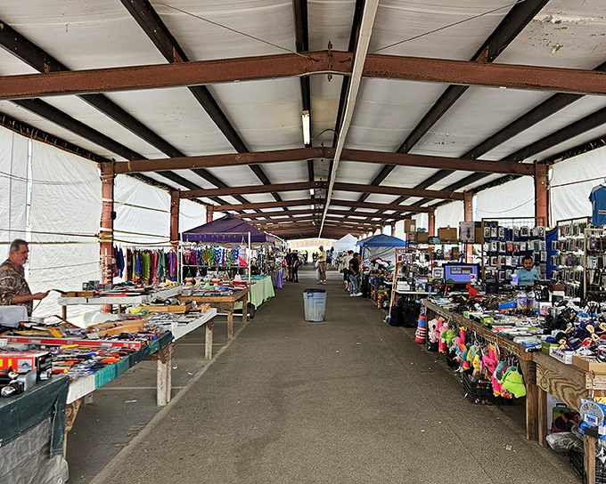 The treasure hunt begins! Long aisles of possibility stretch before you under this covered pavilion, where one person's castoffs become another's prized discoveries.