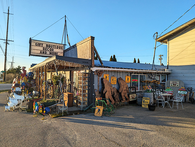 The exterior of The Spare Room beckons with colorful roosters, vintage bicycles, and the promise of treasures waiting just beyond those doors.