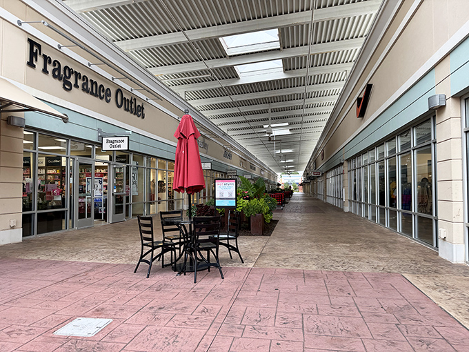 Strolling through these covered walkways feels like a shopper's runway, where the Fragrance Outlet promises scent-sational deals.