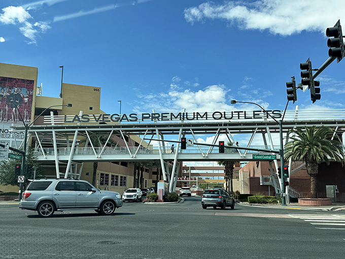 The grand entrance to bargain paradise! Las Vegas North Premium Outlets welcomes shoppers with its distinctive overhead walkway, promising retail therapy without the Strip-sized price tags.