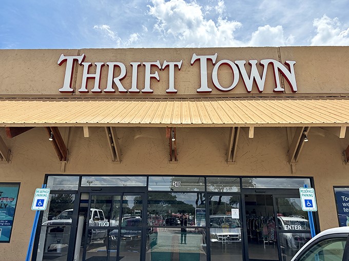 The unassuming facade of Thrift Town belies the treasure trove within—like finding a speakeasy, but for vintage bargains instead of cocktails.