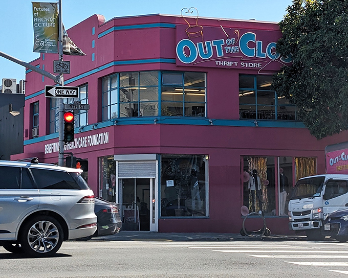 The unmistakable pink palace of possibilities at 9th and Folsom beckons with its turquoise trim and promise of treasures within.