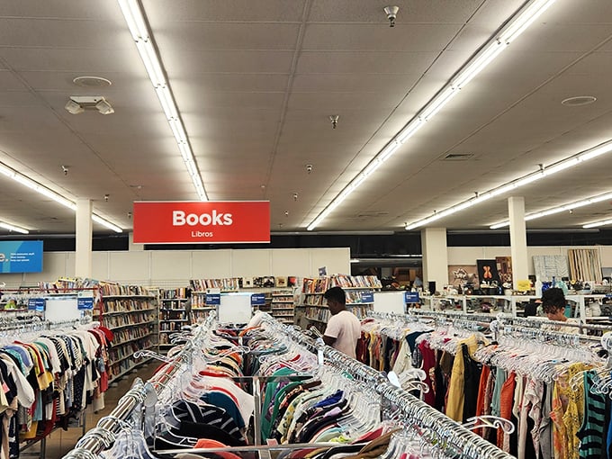 Books and clothing coexist in perfect harmony. It's like a library where you can actually take everything home without that pesky return date.