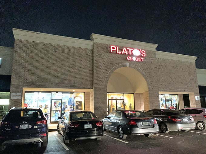 The nighttime glow of Plato's Closet beckons like a lighthouse for the fashion-savvy bargain hunter. No buyer's remorse awaits inside these brick walls.