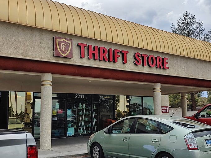The unassuming exterior of Faith Lutheran Thrift Store beckons bargain hunters with its bold red signage—Vegas's version of "X marks the treasure spot."