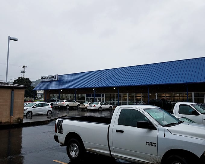 The blue-roofed bargain kingdom on Virginia Street stands ready for treasure hunters, rain or shine. Charleston's thrift paradise awaits!