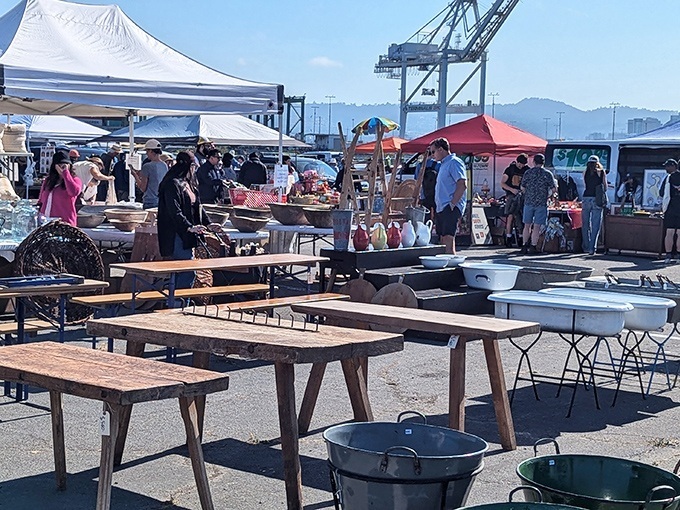 Rustic wooden tables and galvanized tubs await new homes under colorful vendor tents, where yesterday's workhorses become tomorrow's conversation pieces.