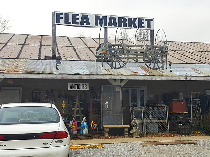 That vintage wagon on the roof promises adventures in bargain hunting that your wallet will actually thank you for.