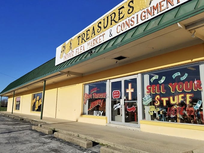 The unassuming exterior of Treasures Indoor Flea Market hides a universe of wonders within. Like a treasure chest disguised as a strip mall storefront.