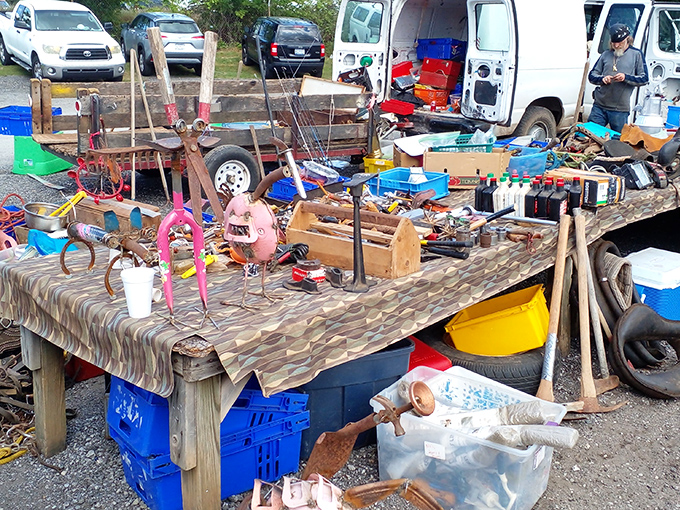 Organized chaos at its finest! This table tells a hundred stories through rusty tools, whimsical figurines, and mysterious gadgets that someone, somewhere, is desperately seeking.