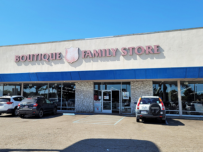 The iconic Salvation Army shield welcomes bargain hunters to this San Diego treasure trove. Behind that unassuming façade lies a wonderland of second-hand discoveries waiting to be unearthed.
