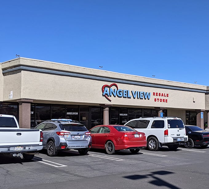 The desert sun beams down on Angel View's unassuming exterior, where bargain hunters' dreams come true behind those modest glass doors.