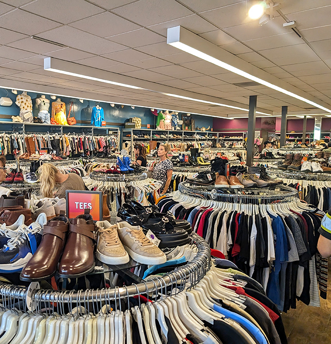 Treasure hunters paradise! Buffalo Exchange's circular racks create a labyrinth of fashion possibilities where $30 can transform your entire wardrobe.